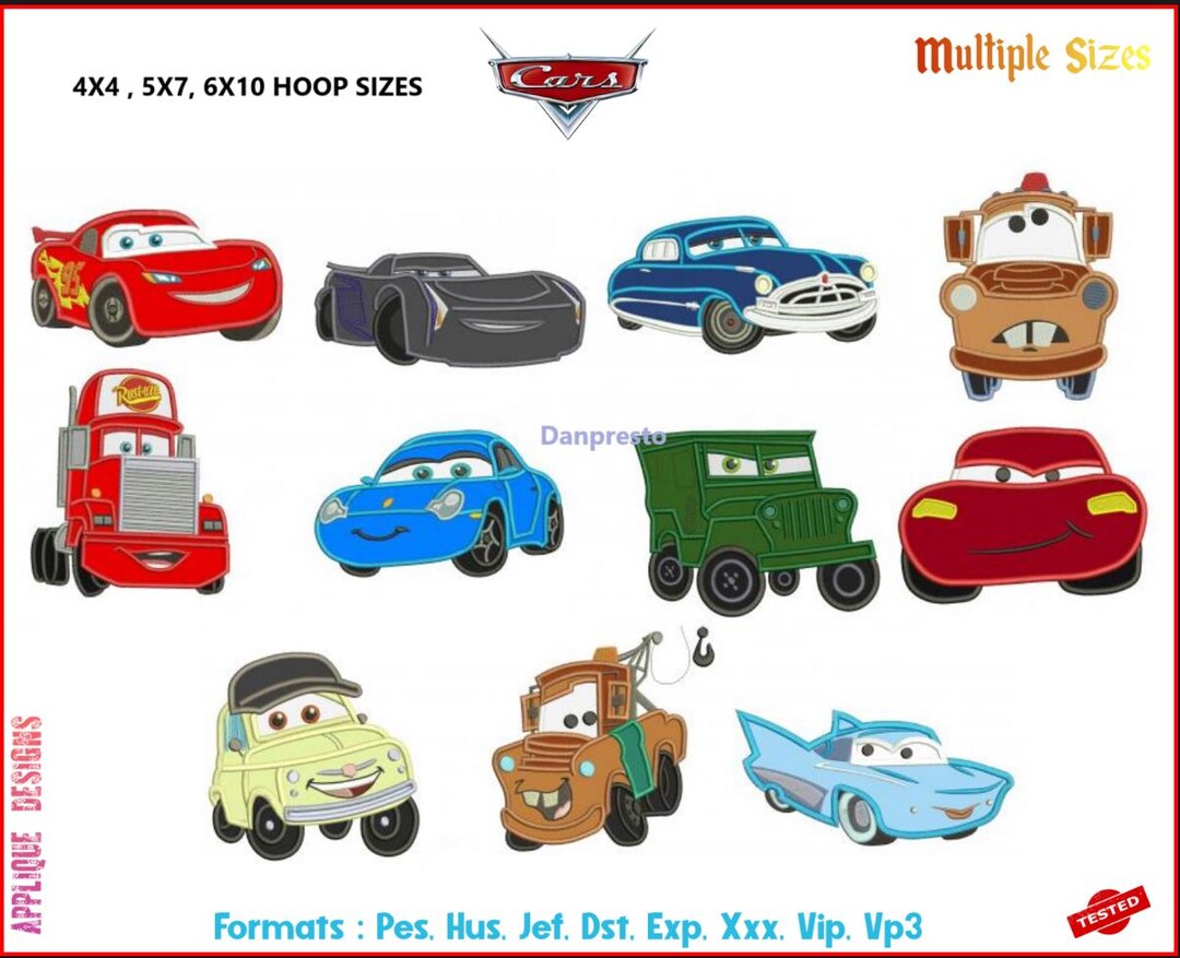 Cars Embroidery Applique Files - 11 Design Set , Cartoon, Lighting ...