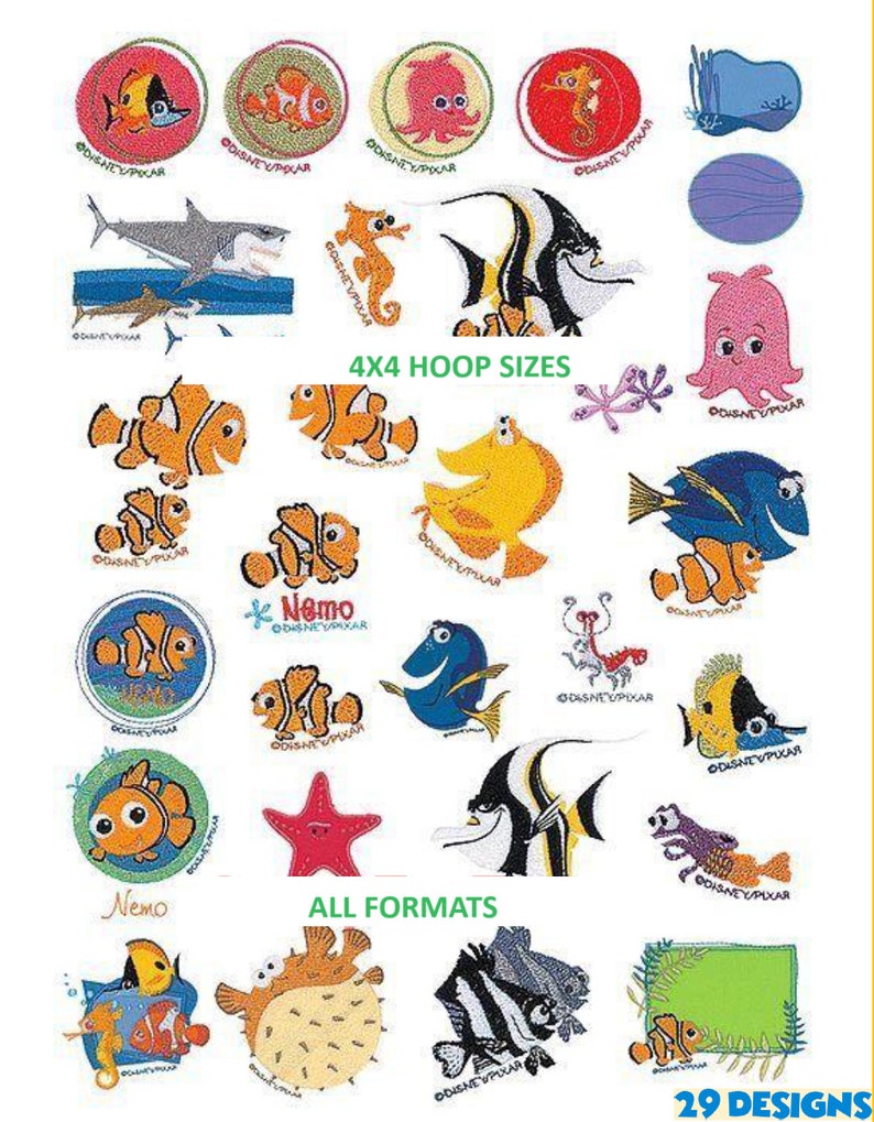 Nemo Embroidery Files - 29 Designs 4x4 - All Formats Findingnemo, Fish ...