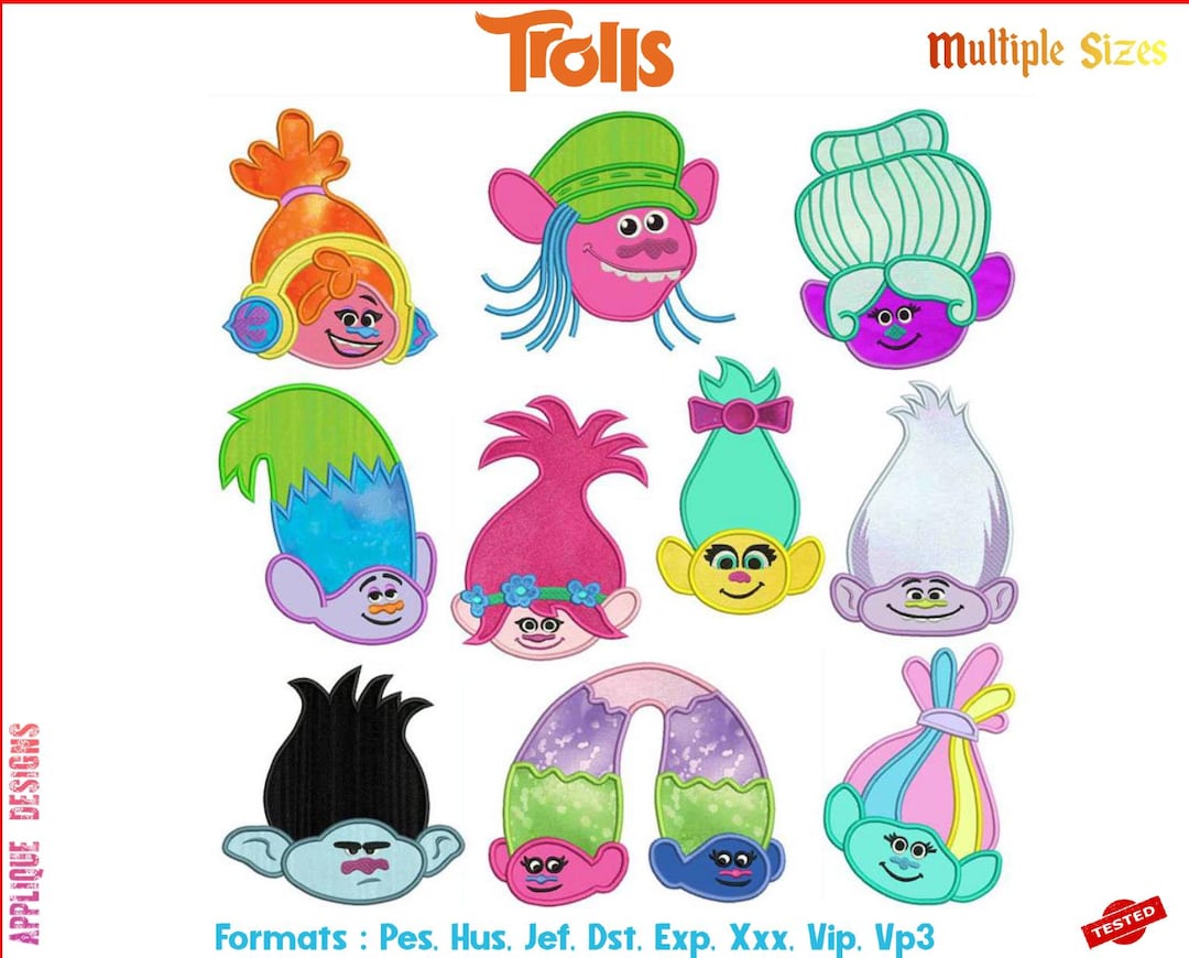 Trolls Embroidery Applique Files - 10 Design Set , All Formats and ...