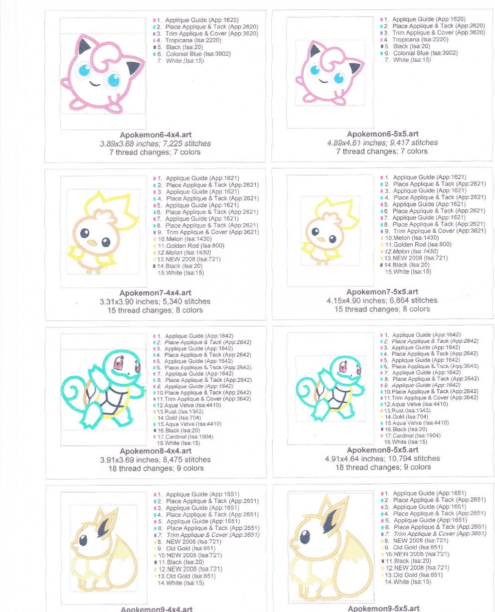 Pokemon Embroidery Applique Files - 12 Design Set , Eevee , Piplup ...