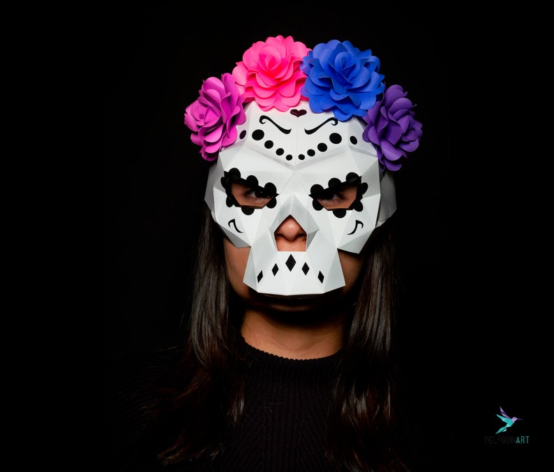 Skull Woman Mask 3D Diy, Catrina Mask, Papercraft Template, Low Poly ...
