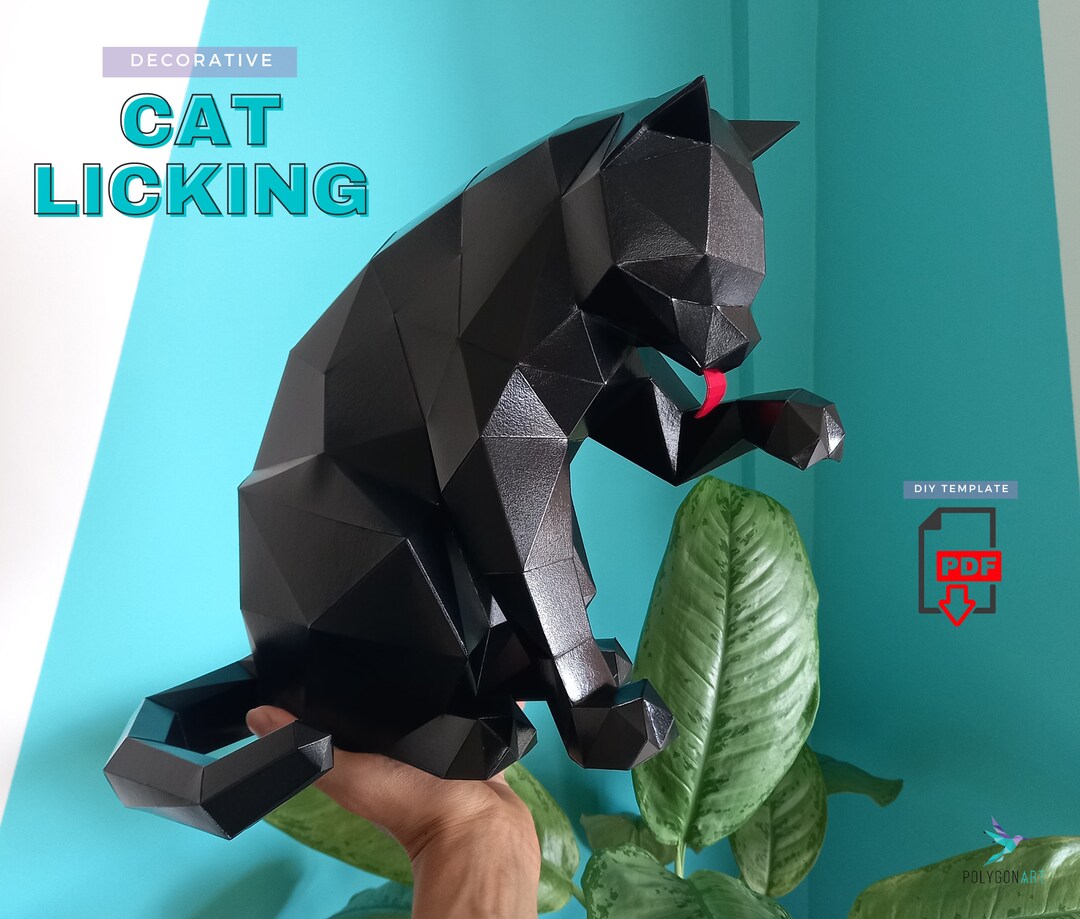 Cat Papercraft Template, Cat Licking, Paper Sculpture, Paper Craft ...