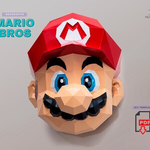 Mario Bros Paper Craft Digital Template, Diy Low Poly Mario Head 3d ...