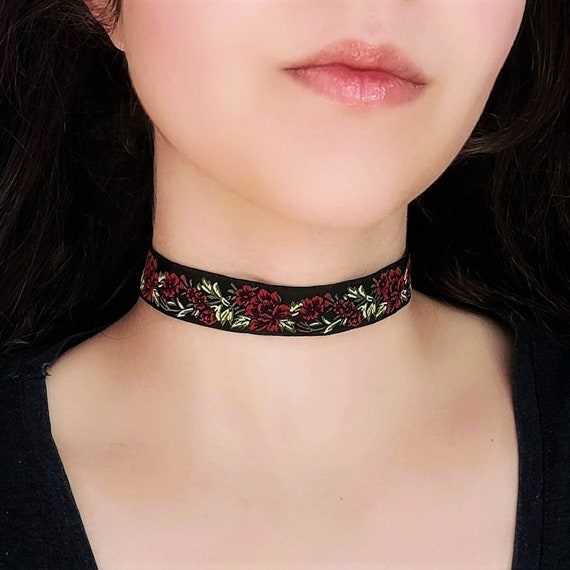 Red Rose Choker Embroidery Flower Necklace Gothic Necklace - Etsy