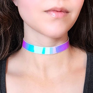 Blue Cyberpunk Choker, Wide Holographic Choker, Iridescent Pastel Goth ...