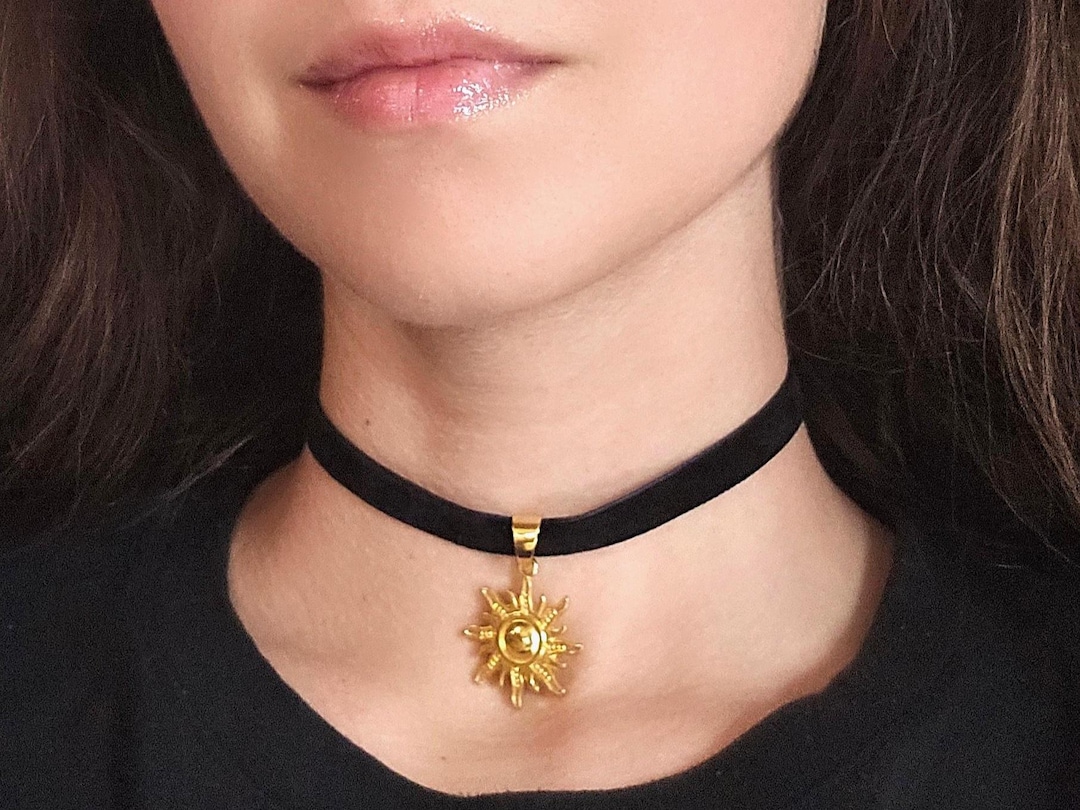 Gold Sun Necklace, Goth Black Velvet Choker, Whimsigoth Boho Star Charm ...