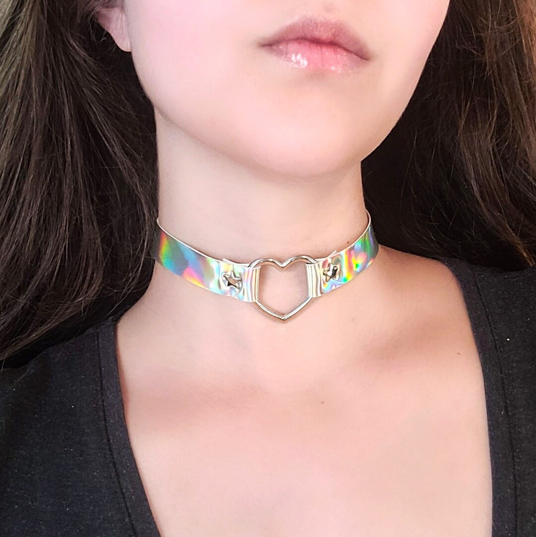 Gold Holographic Choker Collar, Iridescent Heart O Ring Choker, Kawaii ...