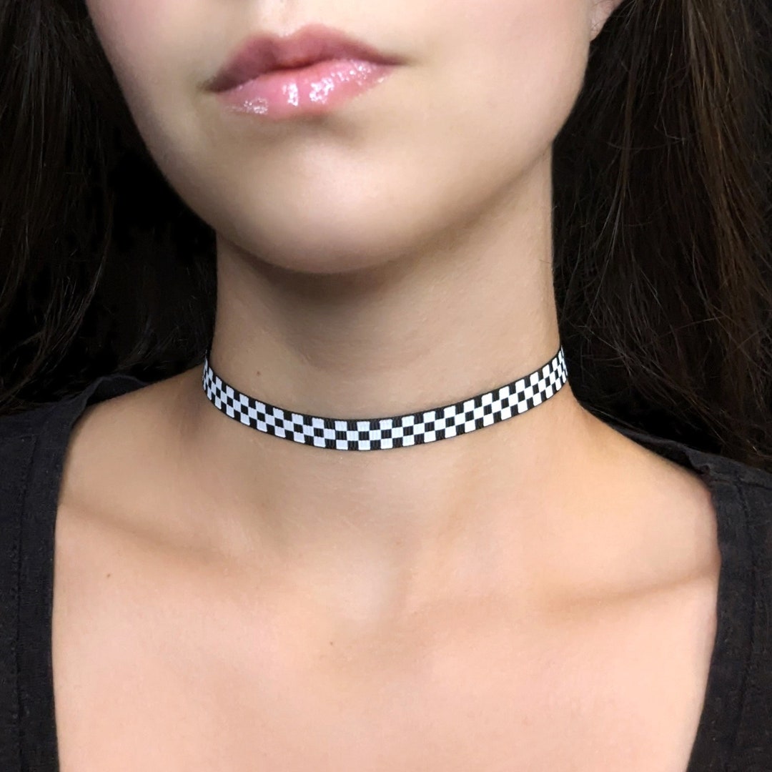 Punk Checkered Choker, Black and White Checkerboard Necklace ...