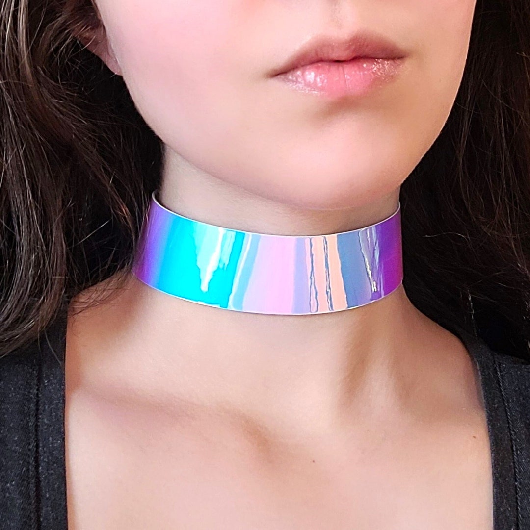Blue Cyberpunk Choker, Wide Holographic Choker, Iridescent Pastel Goth ...