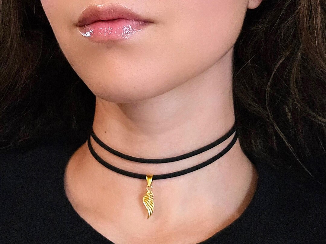 Gold Angel Wing Necklace, Goth Thin Black Choker Layered Necklace ...