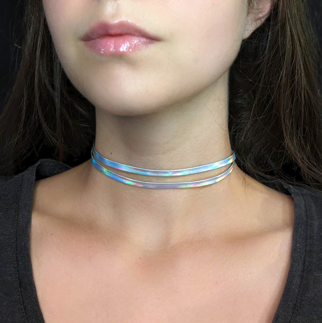 Layered Holographic Choker, Silver Faux Leather Cyberpunk Choker ...