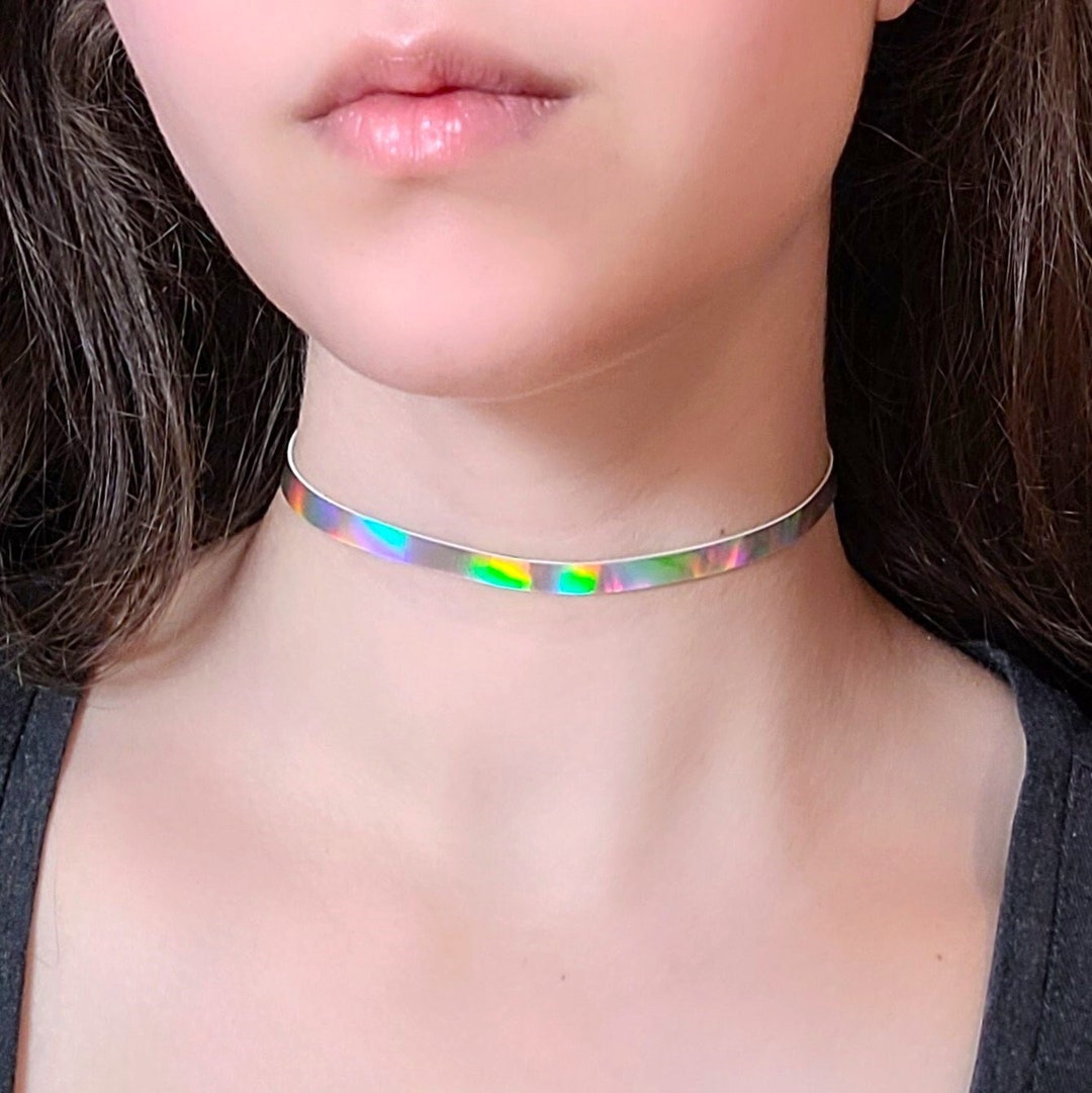 Gold Holographic Choker, Plastic Cyberpunk Necklace, Kawaii Rainbow ...