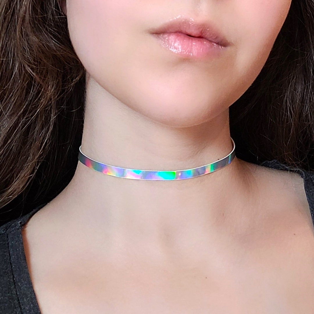 Silver Cyberpunk Choker, Holographic Punk Choker, Kawaii Rainbow ...