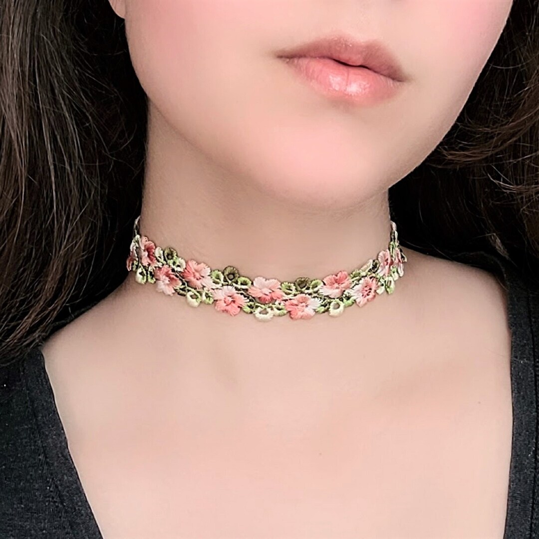 Fairycore Lace Choker, Pink Flower Necklace, Whimsical Fairy Necklace ...