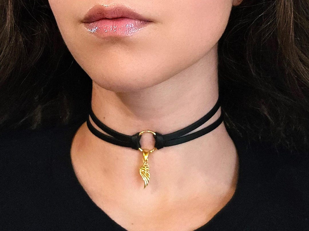 Gold Angel Wing Necklace, Goth Black Knot O Ring Choker Layered ...