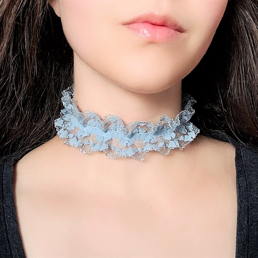 Pastel Blue Ruffle Choker, Frilly Wide Lace Choker, Angelcore Fairycore ...