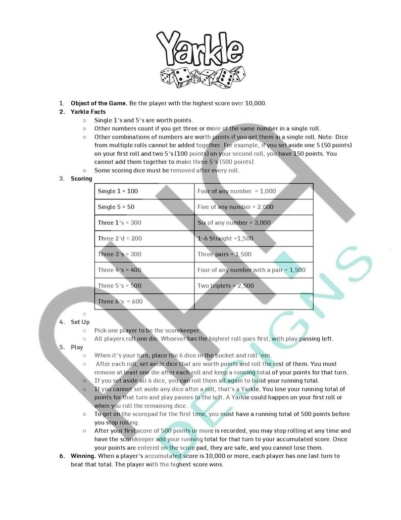Yardzee and Yarkle Instructions (PDF) - Etsy