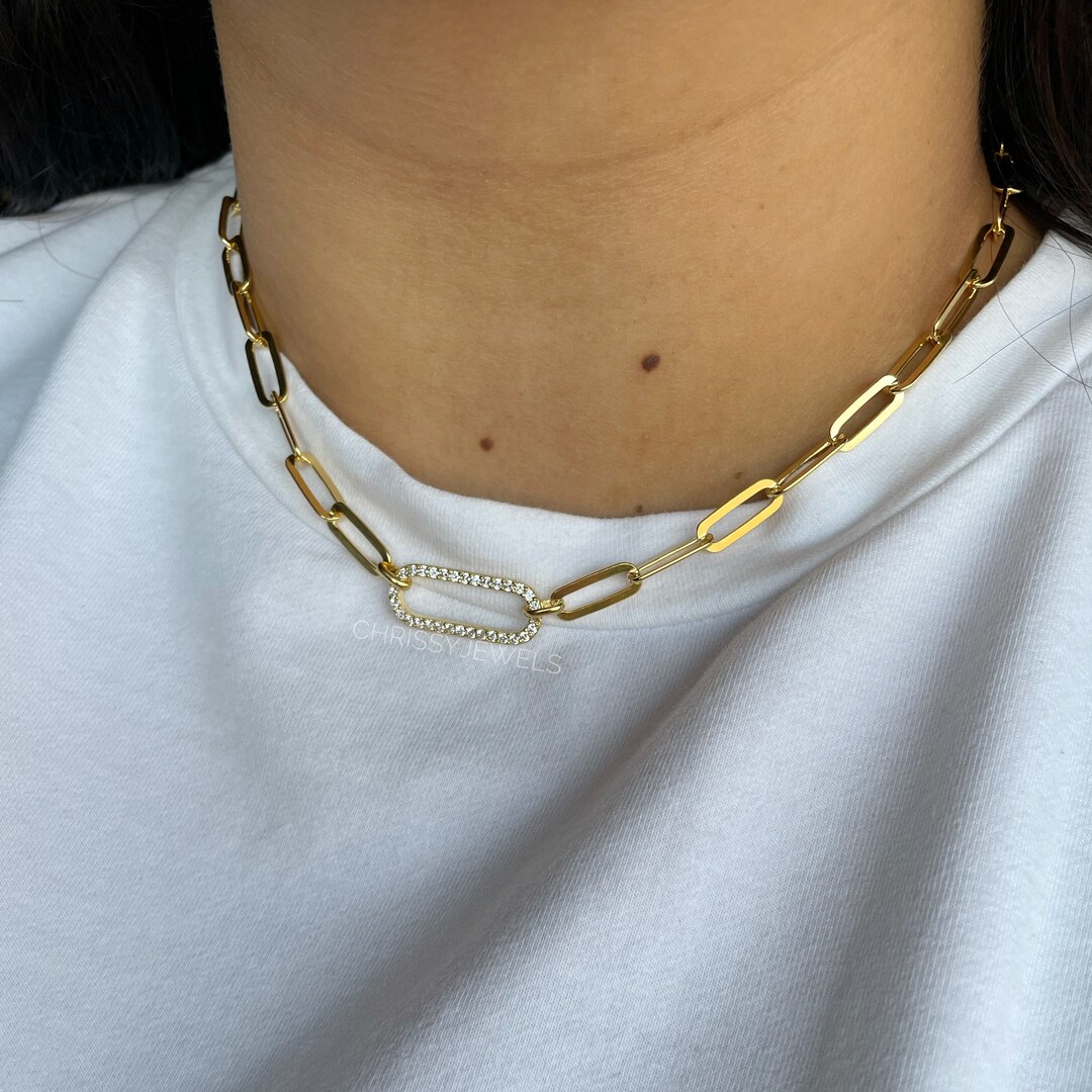 Gold Diamond Oval Link Necklace, Gold Oval Chain Link Necklace, 18inch ...