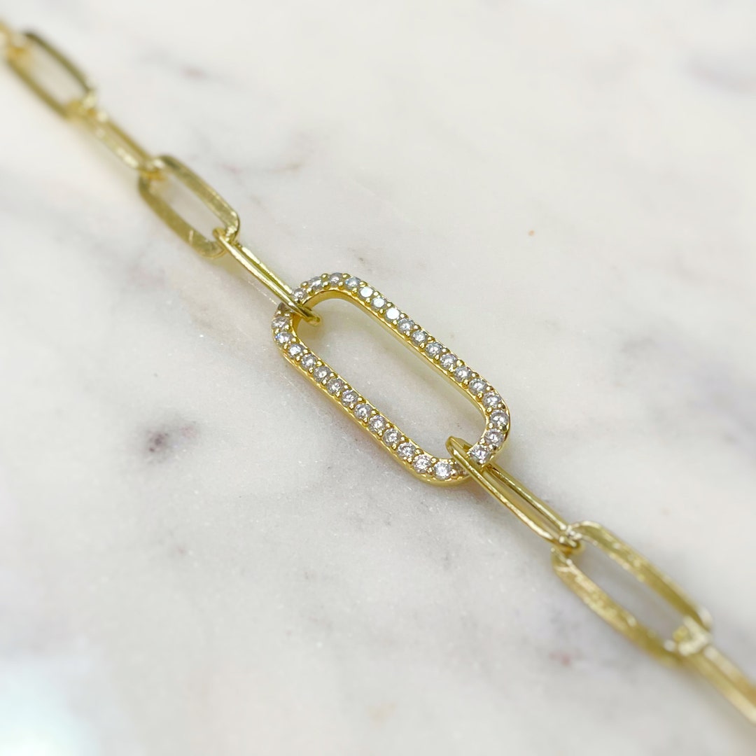 Diamond Link Bracelet, Gold Oval Chain Link Bracelet, Diamond Paperclip ...