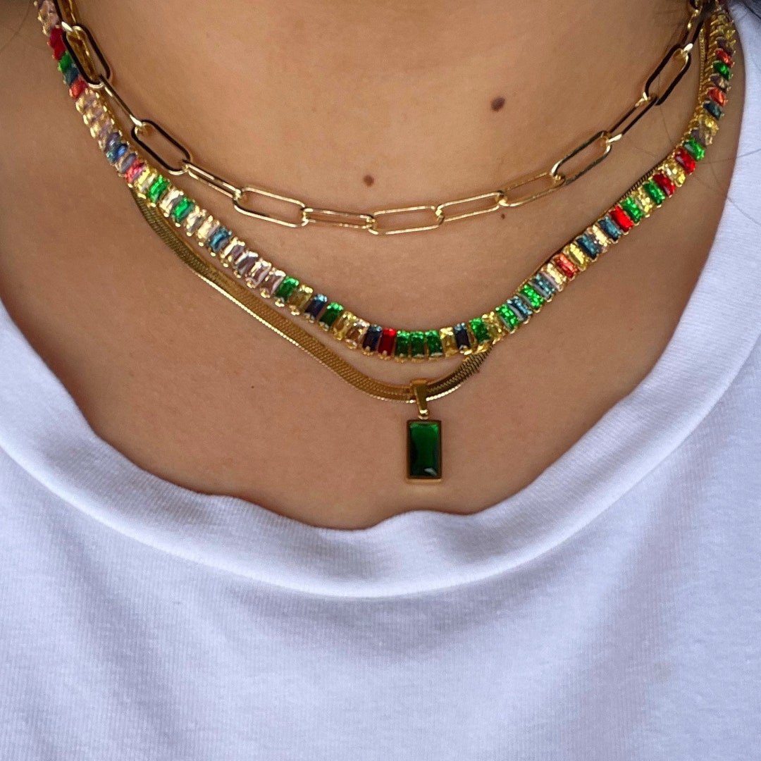 Rainbow Tennis Necklace, Rainbow Baguette Tennis Chain, Tennis Necklace ...