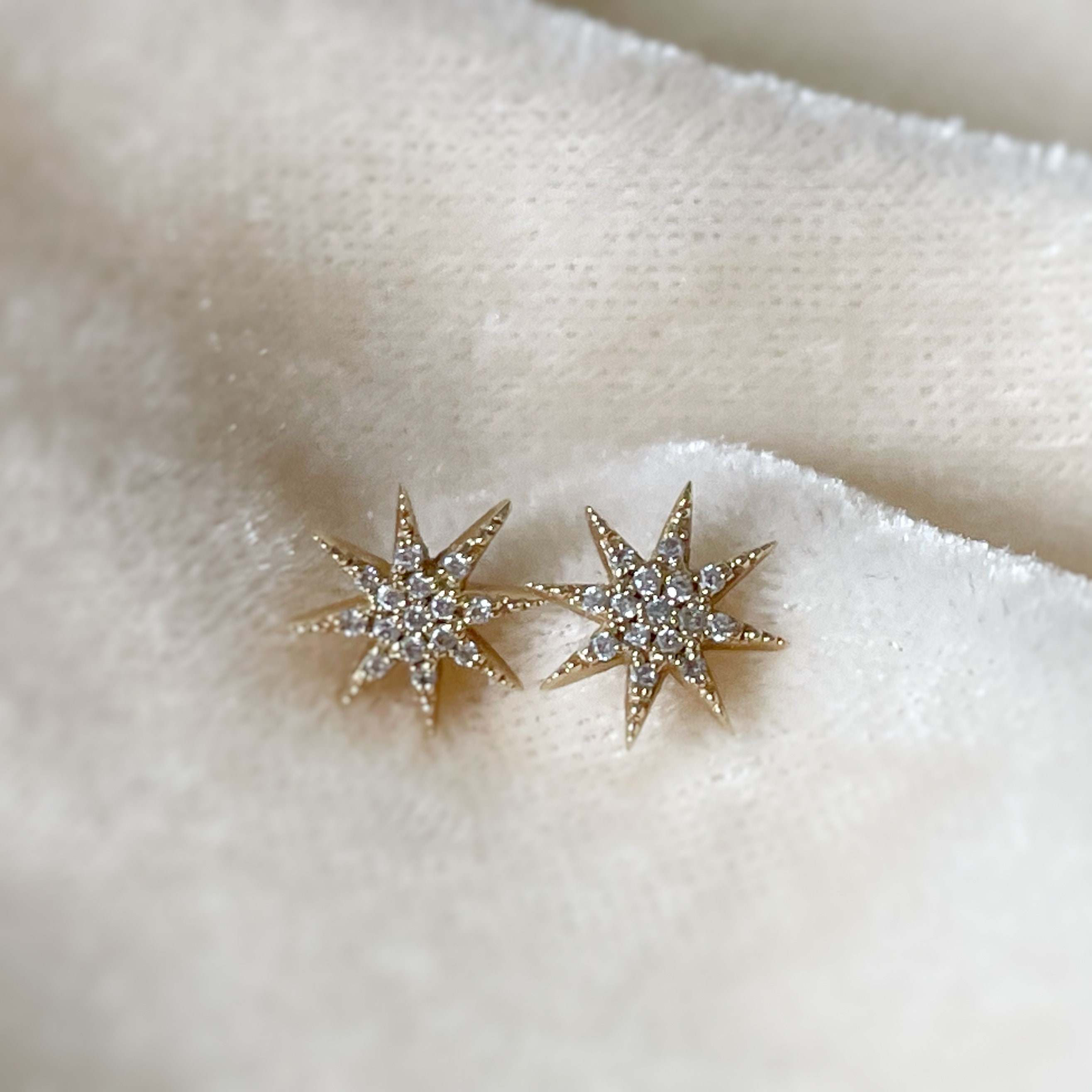 14k Gold Star Earrings, Natural Diamond, Starburst Earring, Real 14K ...
