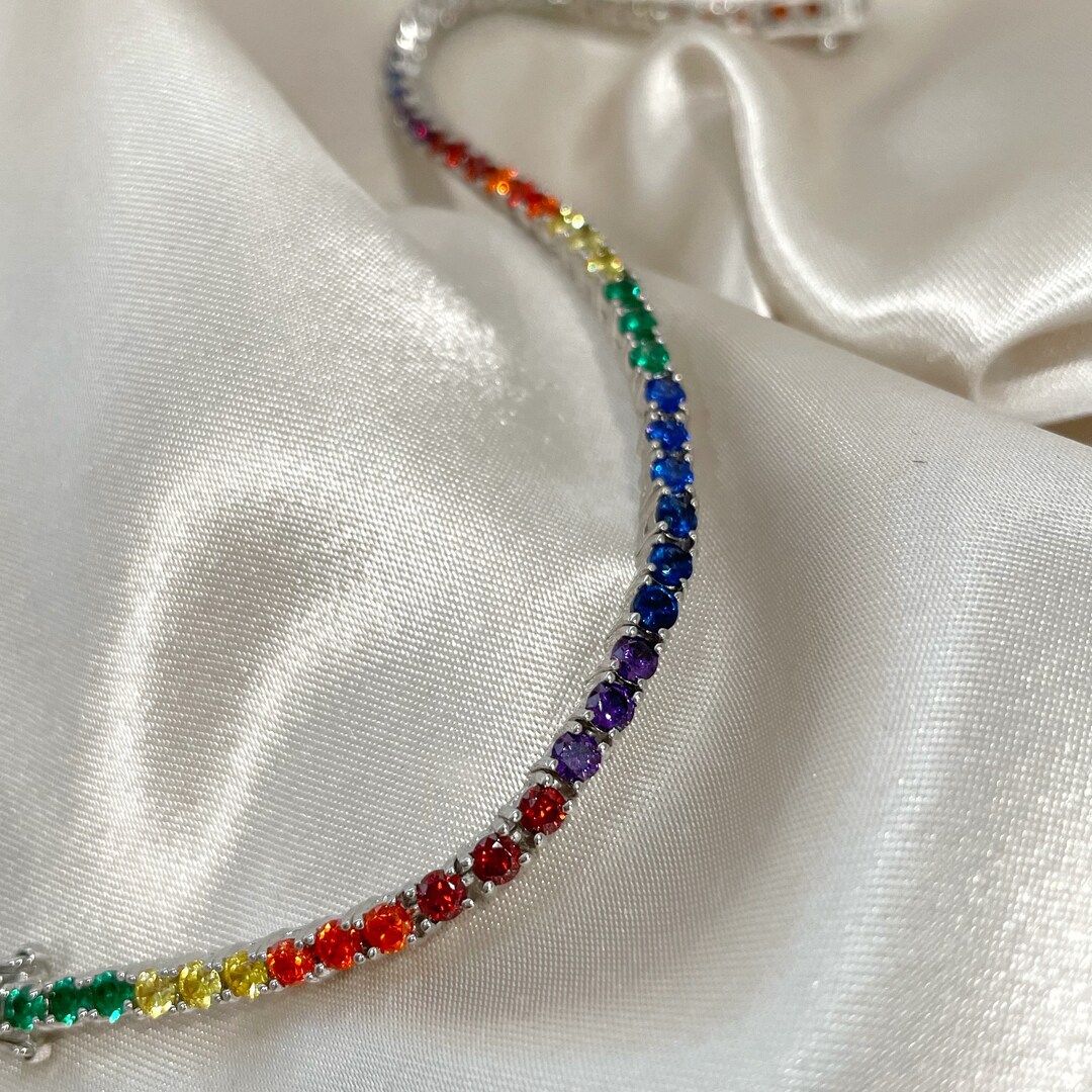 Rainbow Tennis Bracelet, Silver Tennis Bracelet, Rainbow Stone Bracelet ...