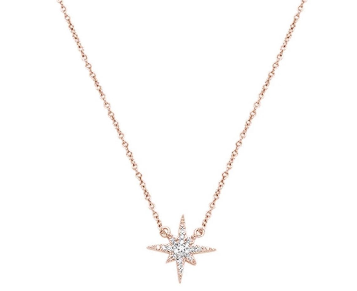 14k Gold Star Diamond Pendant, Starburst Necklace, Genuine Diamond ...