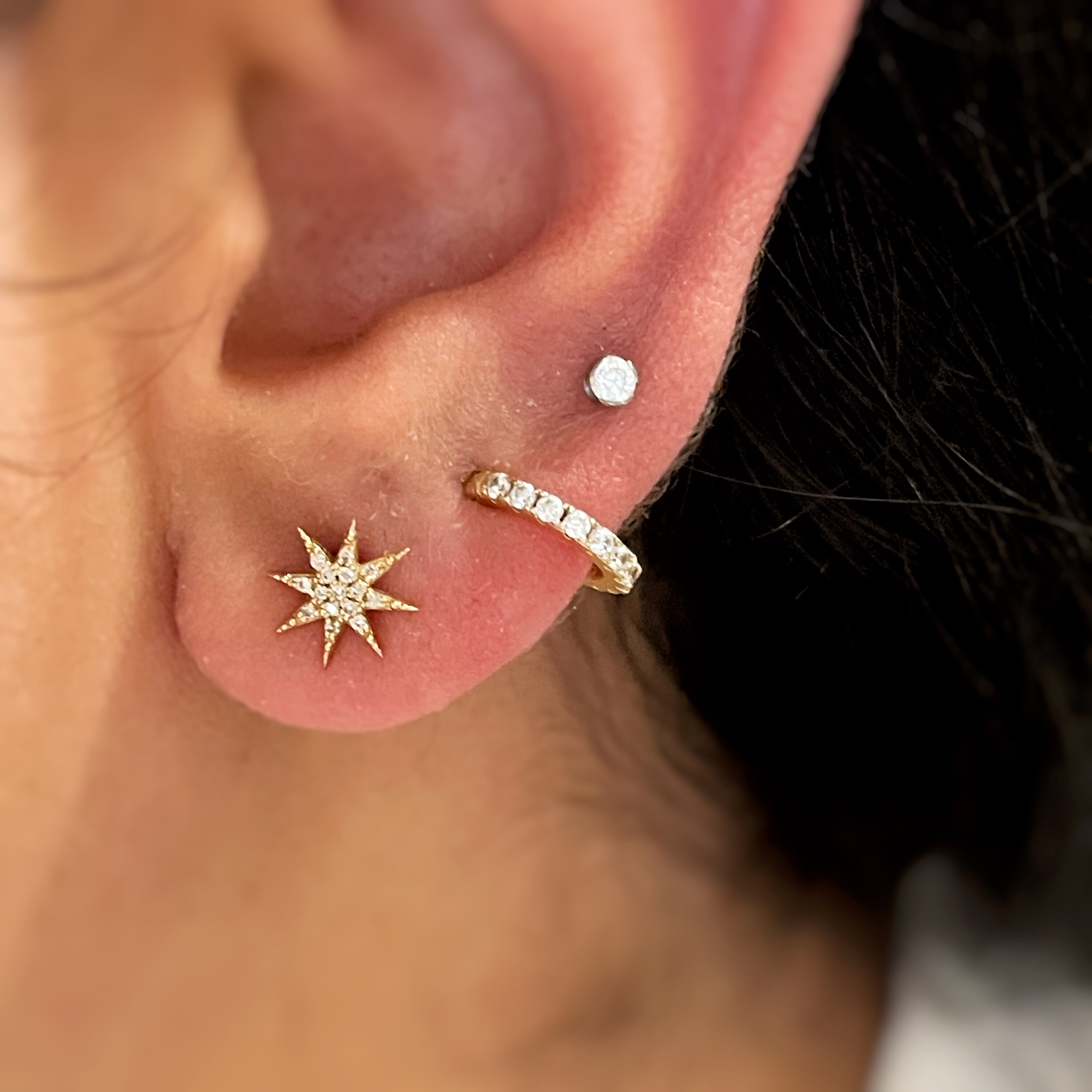 14k Gold Star Earrings, Natural Diamond, Starburst Earring, Real 14K ...