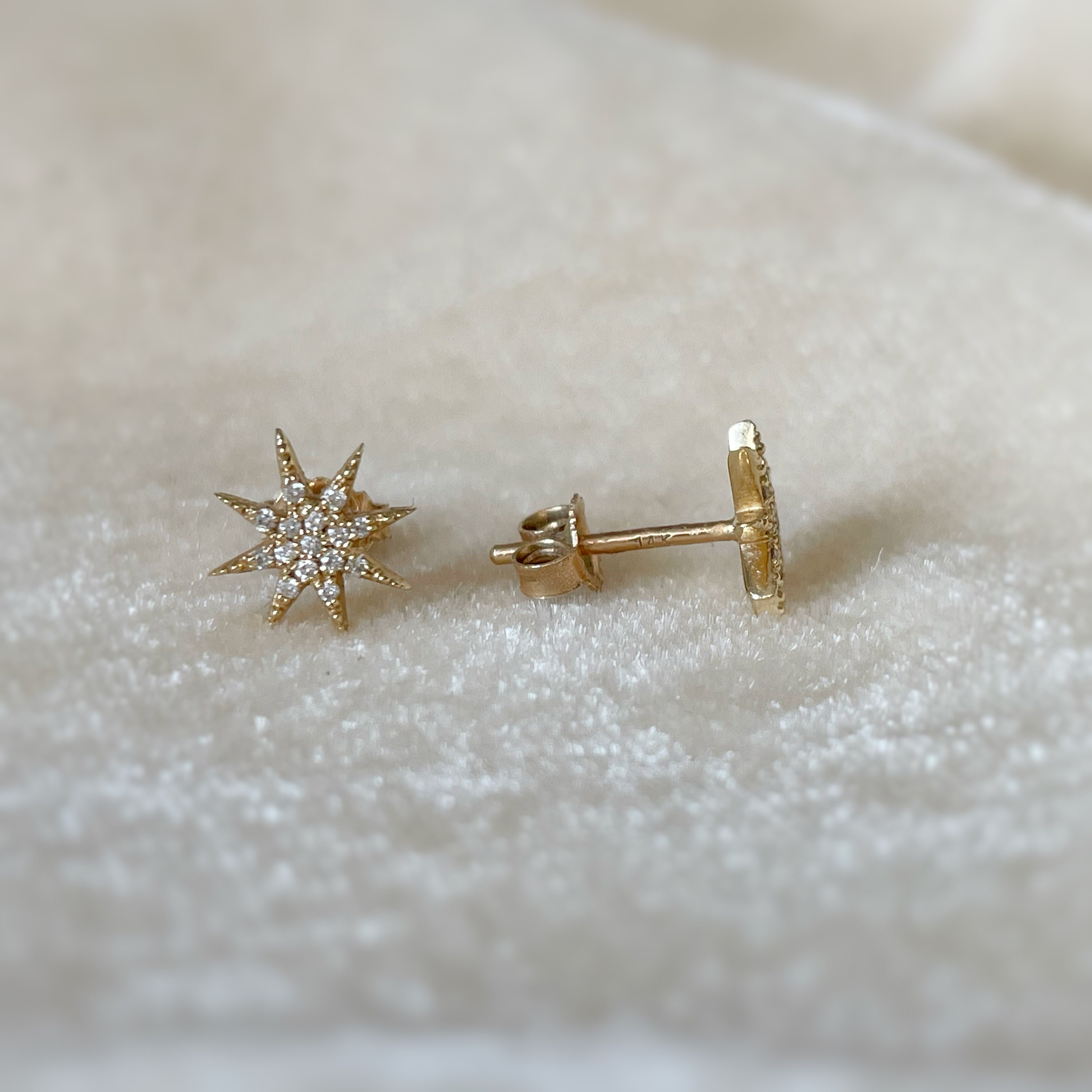 14k Gold Star Earrings, Natural Diamond, Starburst Earring, Real 14K ...