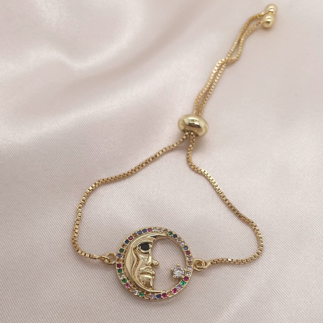 Gold Moon Dainty Bracelet, Adjustable CZ Moon Star Charm Bracelet, Moon ...