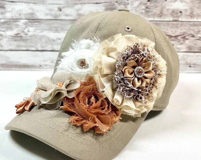 Tan Baseball Cap: Shabby Chic Flower Hat With Rhinestone Charm - Etsy