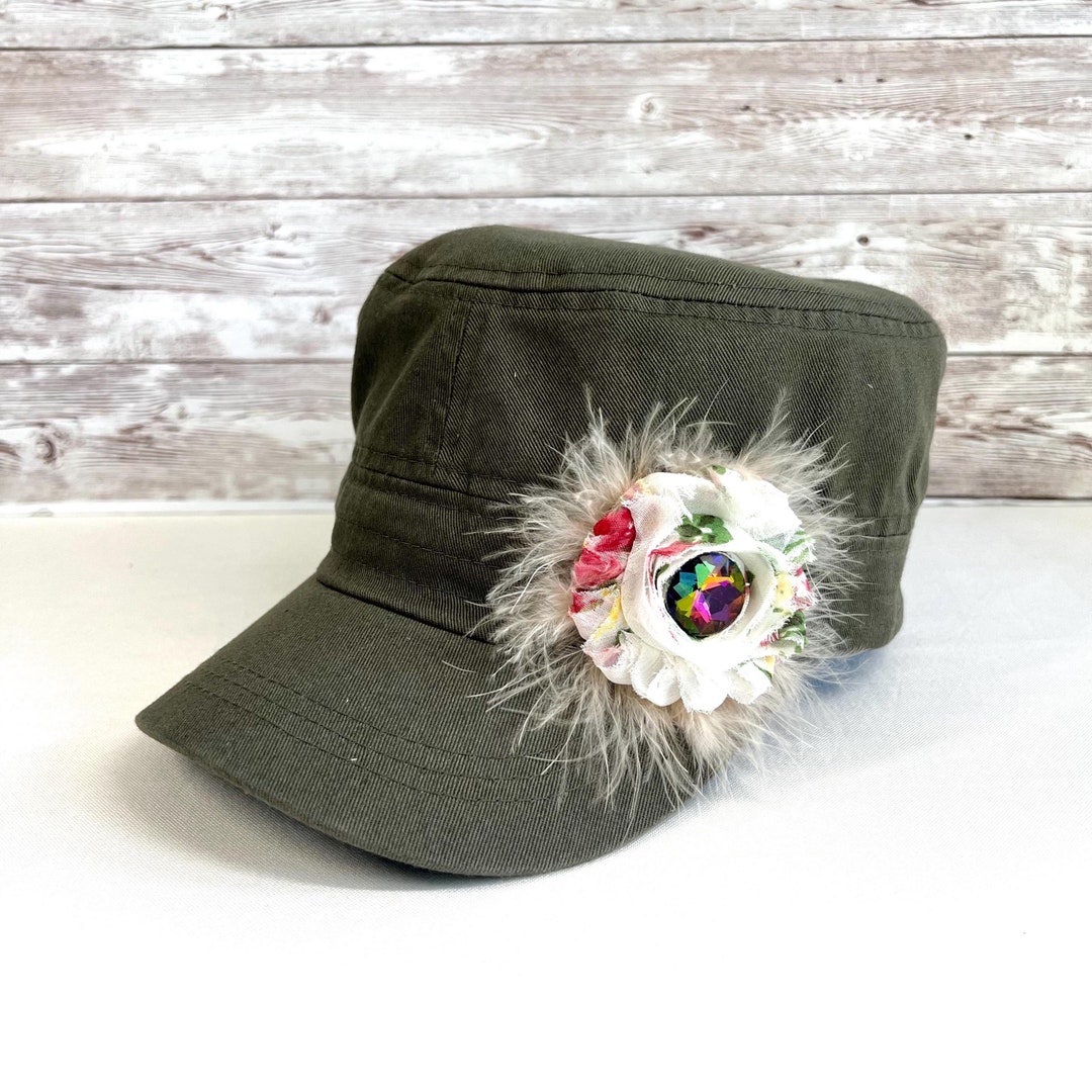 Womens Cadet Hat, Cadet Cap, Feather Hat, Green Military Hat, Cotton ...