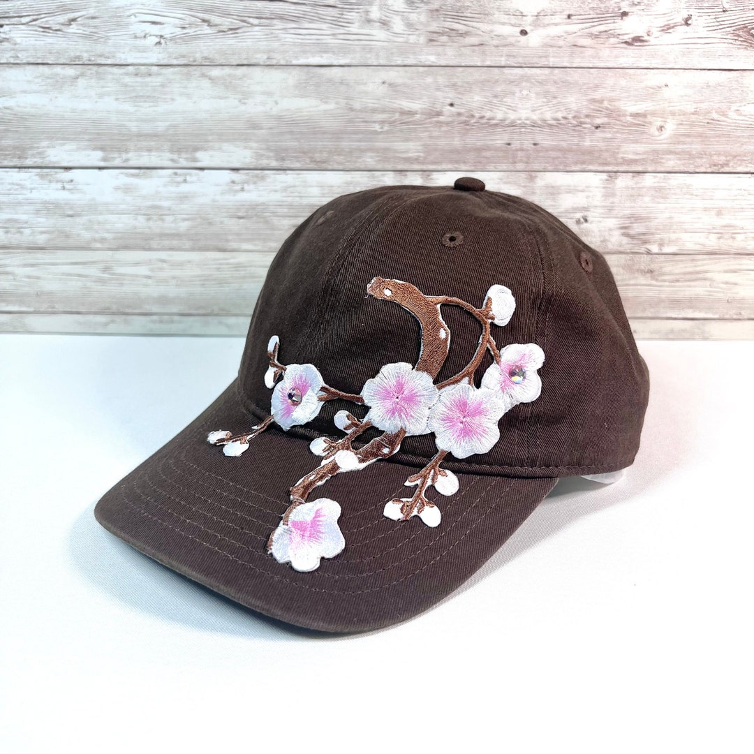 Brown Baseball Cap, Cherry Blossom, Genuine Crystals, Womens Ball Caps ...