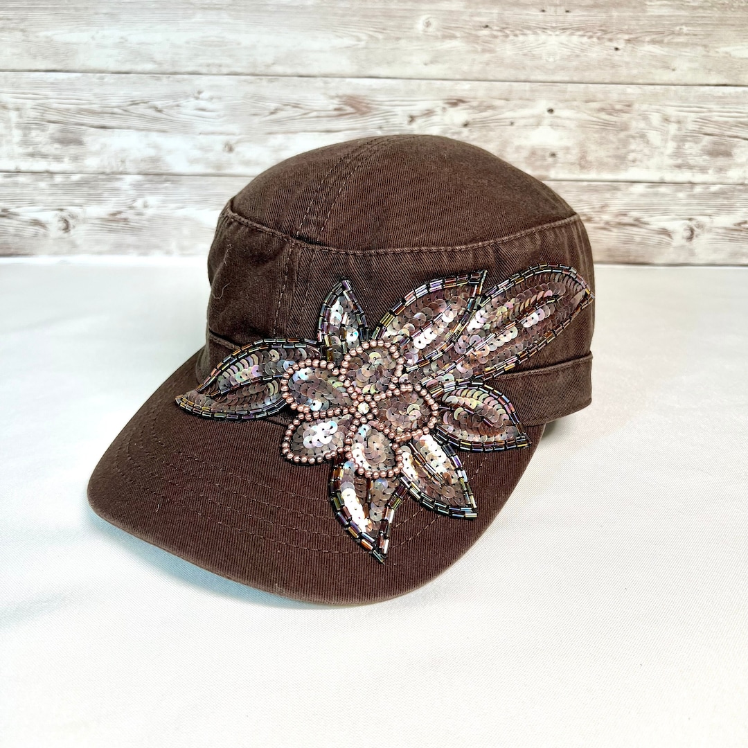 Womens Cadet Cap, Military Style Hat, Sequin Flower Bling Hat With ...