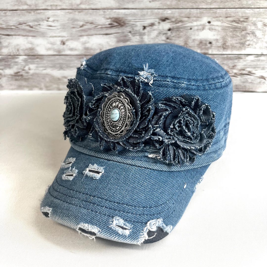 Distressed Denim Hat, Medium Size, Womens Cadet Cap, Boho Hat, Flower ...