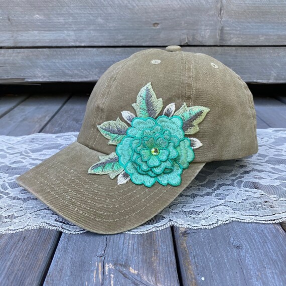 Womens Faded Ball Cap Flower Applique Baseball Hat Green | Etsy