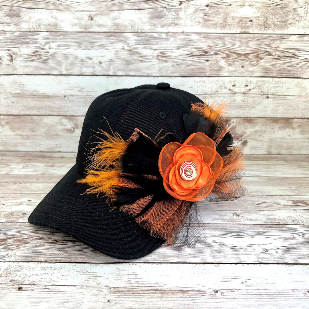 Black Cotton Ball Cap: Chiffon Flower With Crystal, Feather and Tulle ...