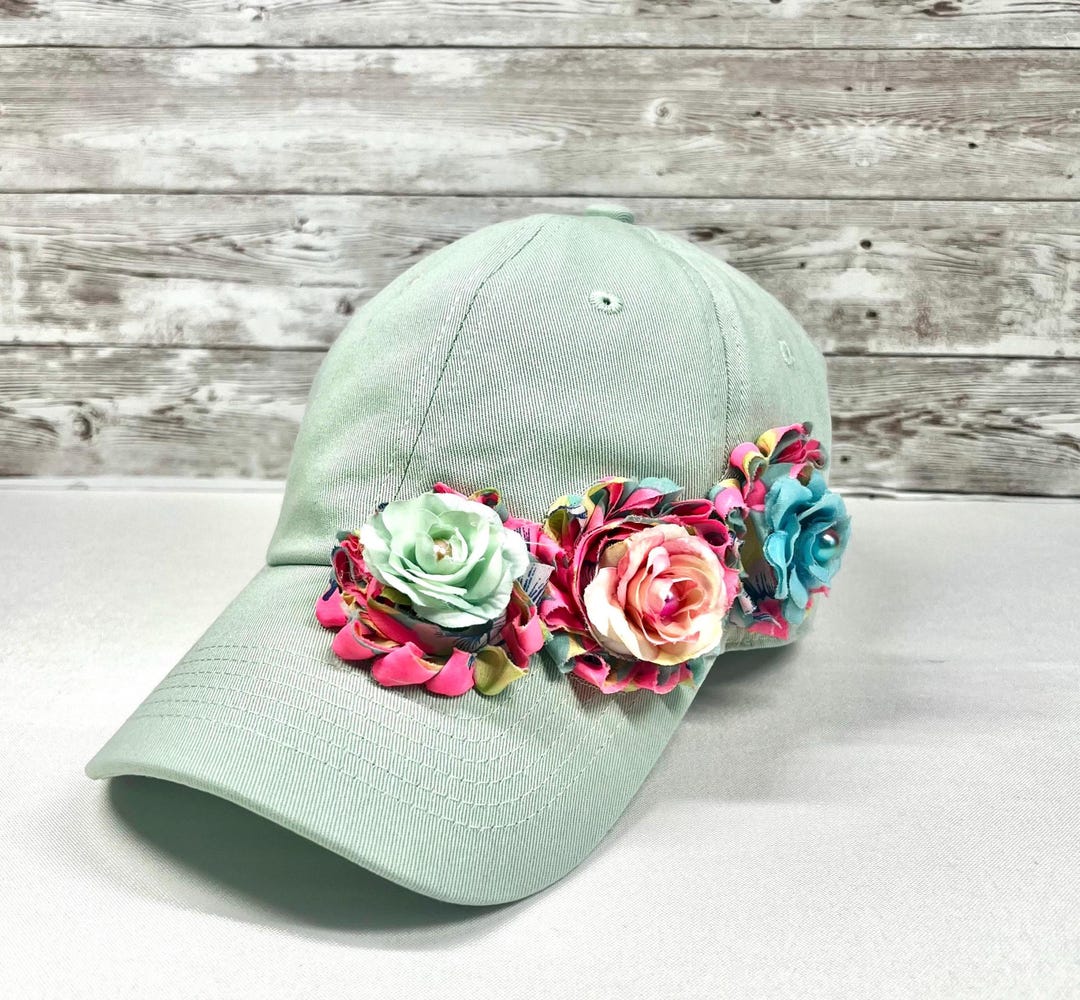 Mint Green Baseball Cap, Floral Hat With Roses, Baseball Hat With ...