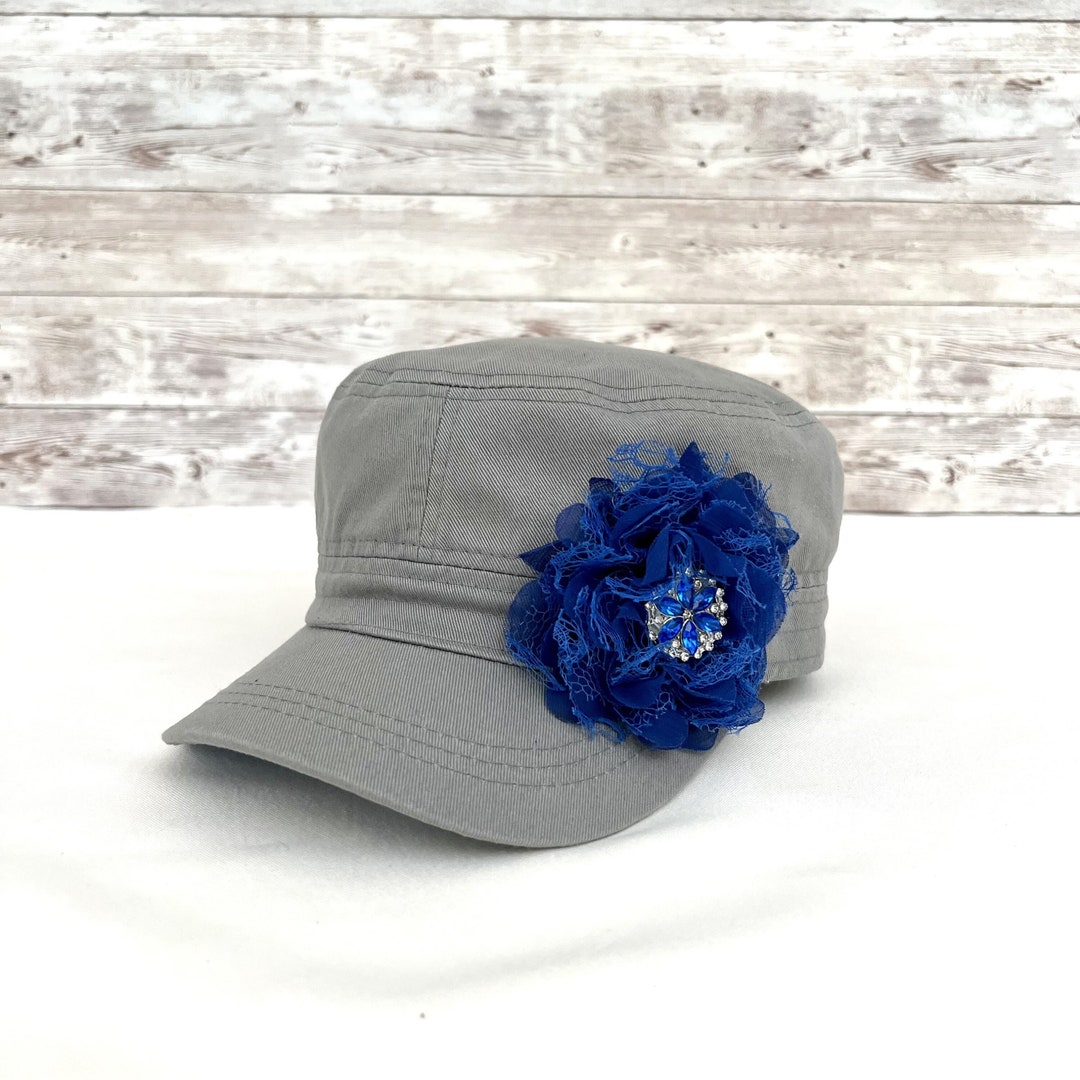 Bling Hats for Women, Cadet Cap Military Style Grey Hat With Flower and ...