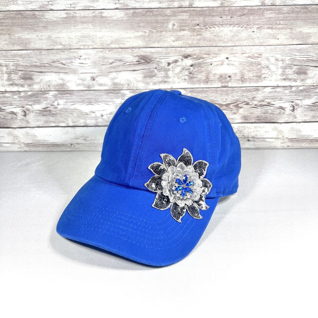 Blue Baseball Cap: Sequin Flower, Rhinestone Accent - Etsy