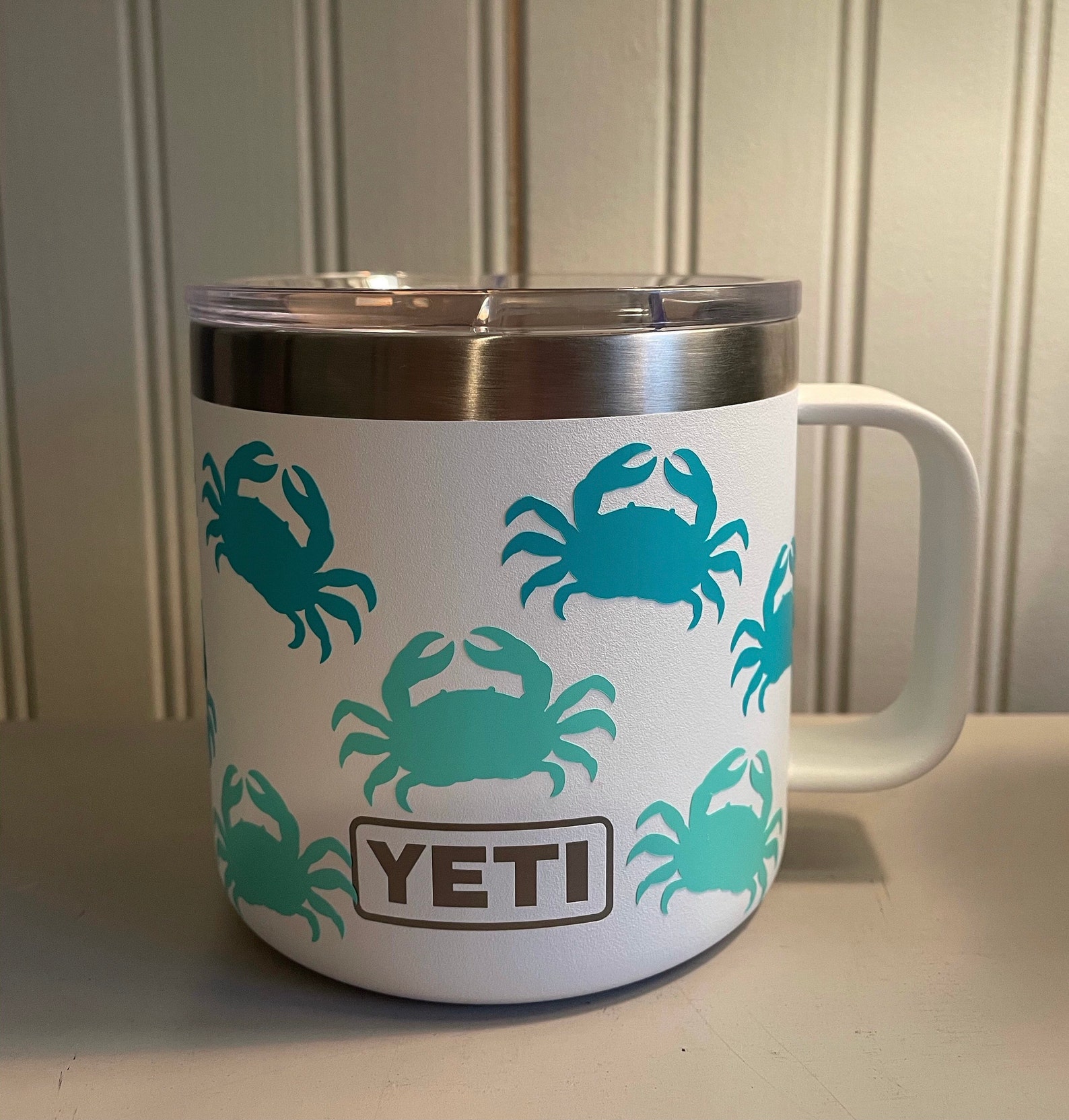 White 14 oz Crab Yeti Insulated Teal and Aqua Crab Mug | Etsy