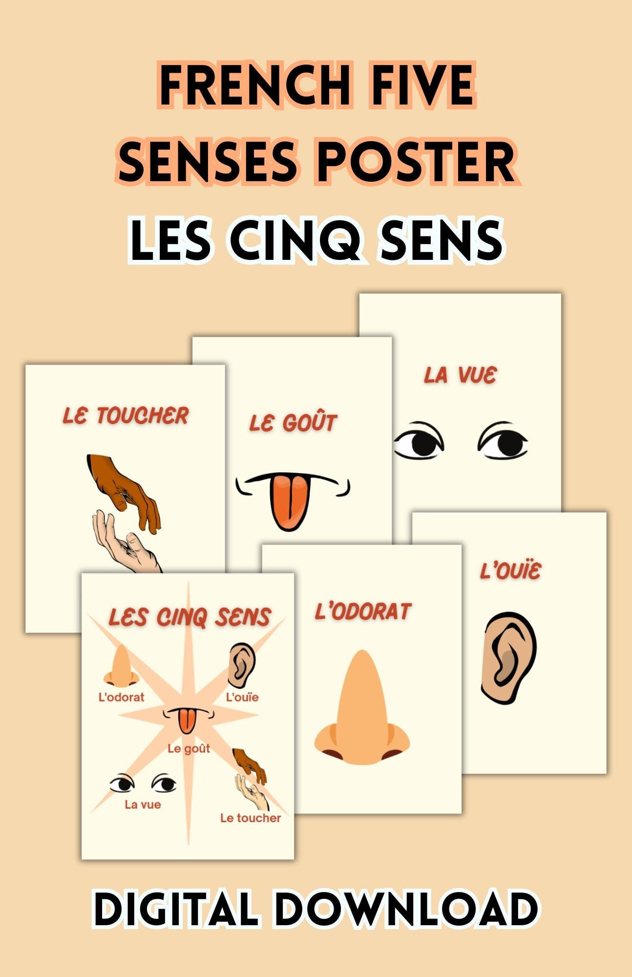 French Five Senses Printable Six Poster Bundle, Français Les Cinq Sens ...