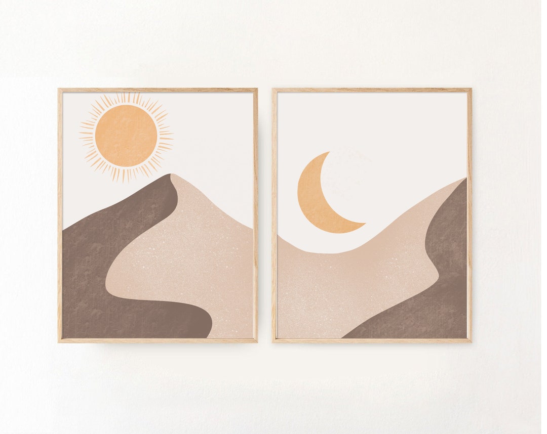 Boho Art Prints Set of 2, Desert Sun Moon, Printable Wall Art, Boho Art ...
