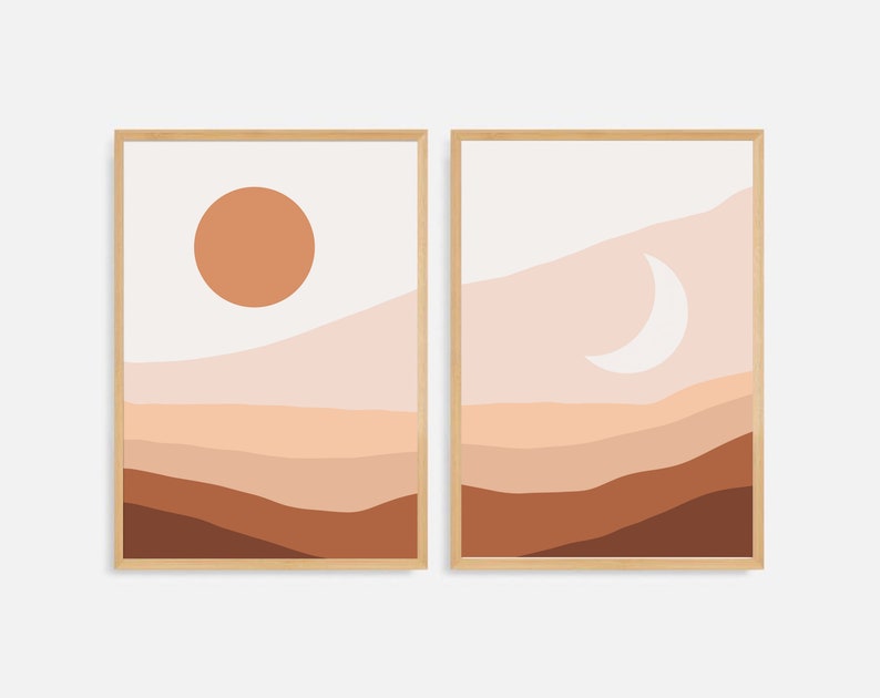 Boho Art Prints Set of 2, Sun Moon Prints, Mountain Prints, Minimalist ...