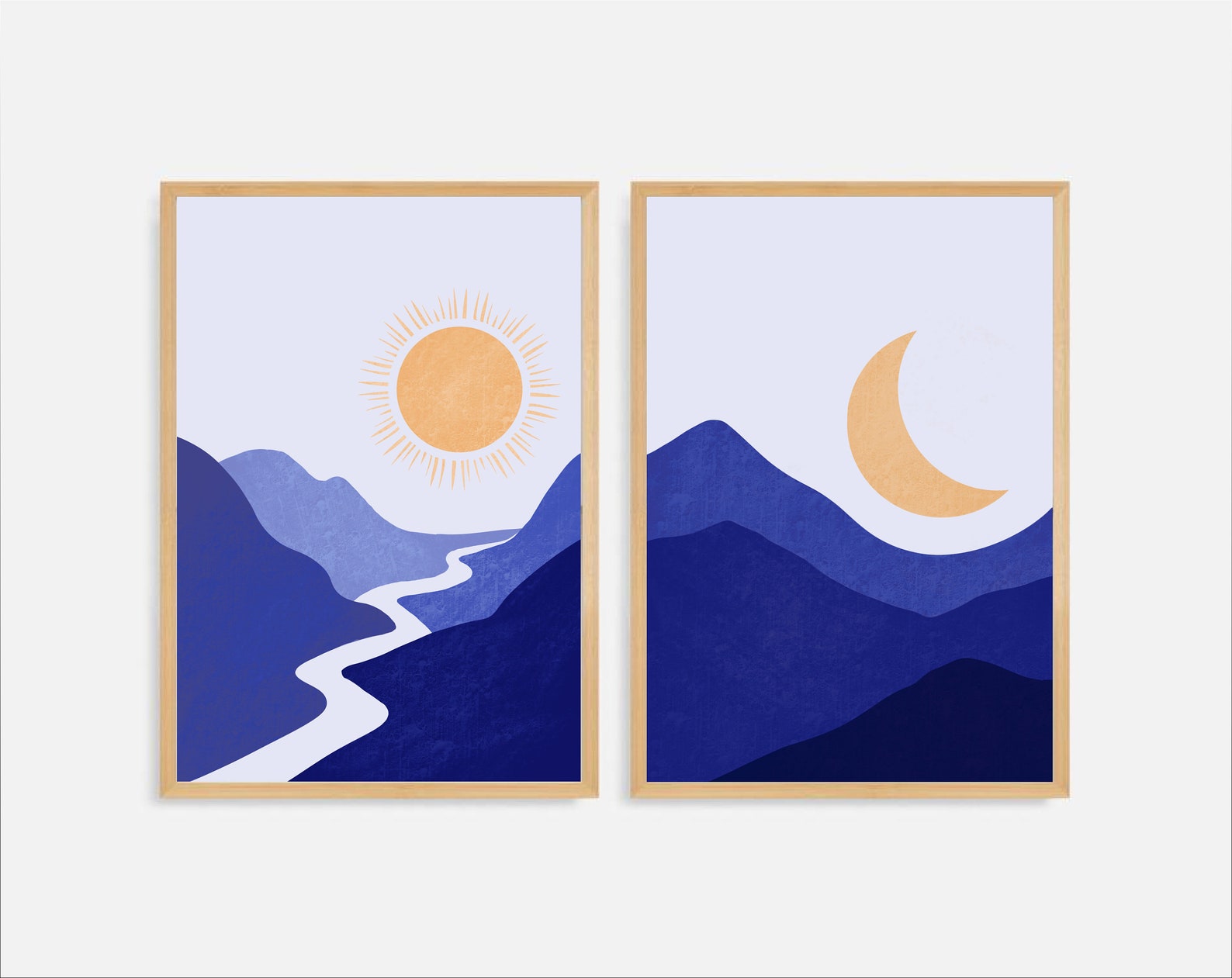 Indigo Boho Prints Set of 2 Sun Moon Prints Boho Art Prints - Etsy