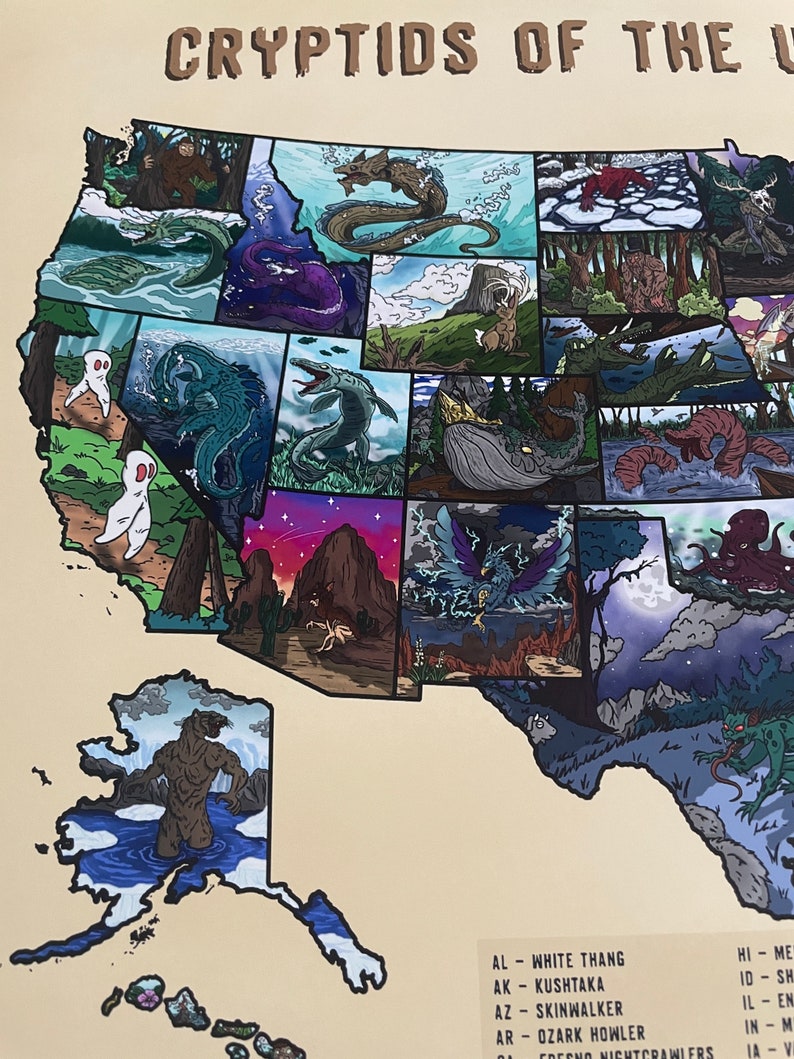 Cryptids of the United States Map (with a Legend) - 11x14 and 16x20 ...