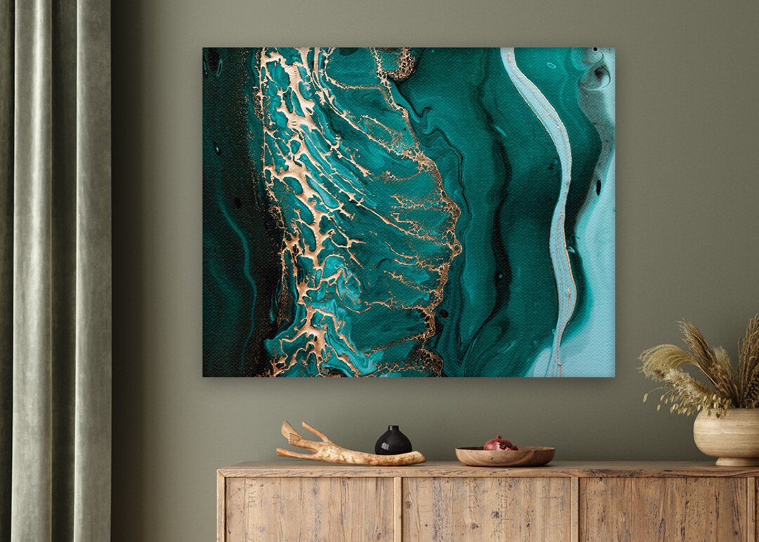 Turquoise Marble Panel Wall Pictures Set Golden Paints Living Room ...