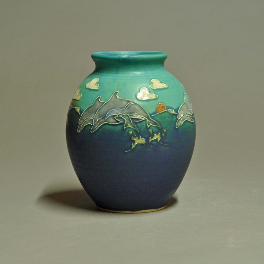 Medium Round Vase- With Leaping Dolphins Trailed Slip Design in Blue ...