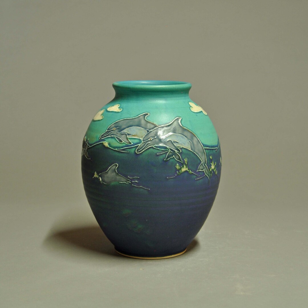 Large Round Vase With Leaping Dolphins Trailed Slip Design in Blue ...