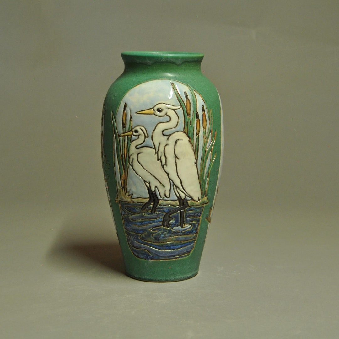 Large Carved Vase in Vintage Green Matte and Multi-color Glaze-bird of ...